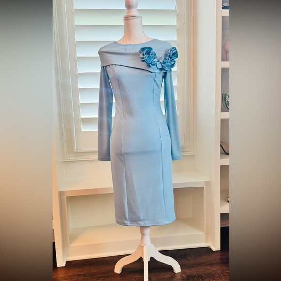 Dresses | Powder Blue Floral Applique Sheath Dress | Poshmark